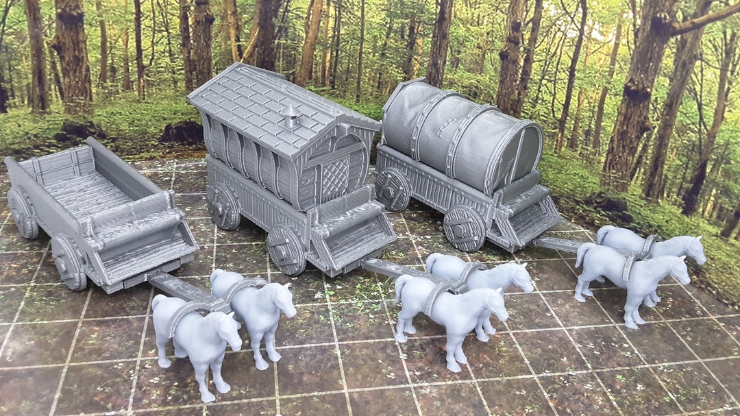 3 Wagon Caravan W/ Horses 28mm Scale Fantasy Terrain Tile Decoration ...