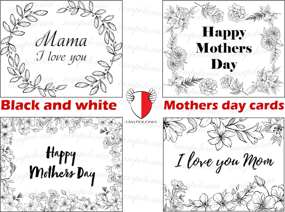 Black and White Mothers Day Card PNG and JPG, I Love You Mom Design ...