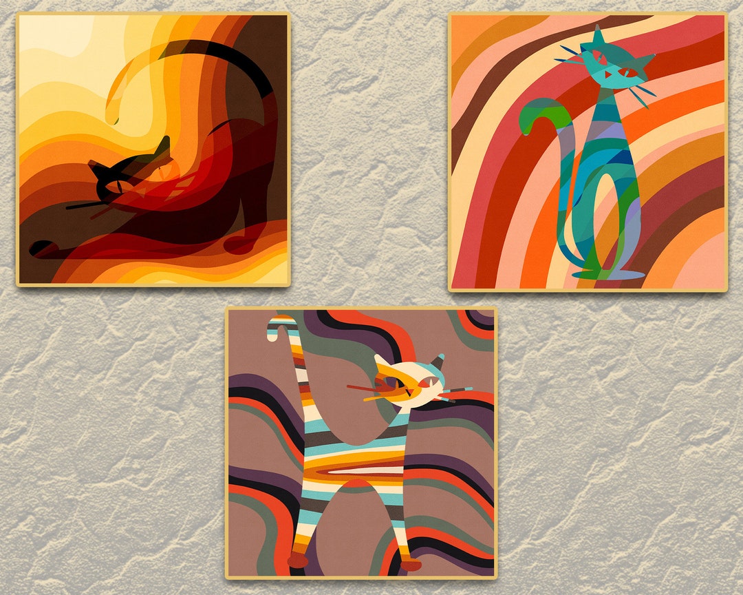 Atomic Cat Digital Wall Art, 3 Mid Century Modern Cat Illustrations ...