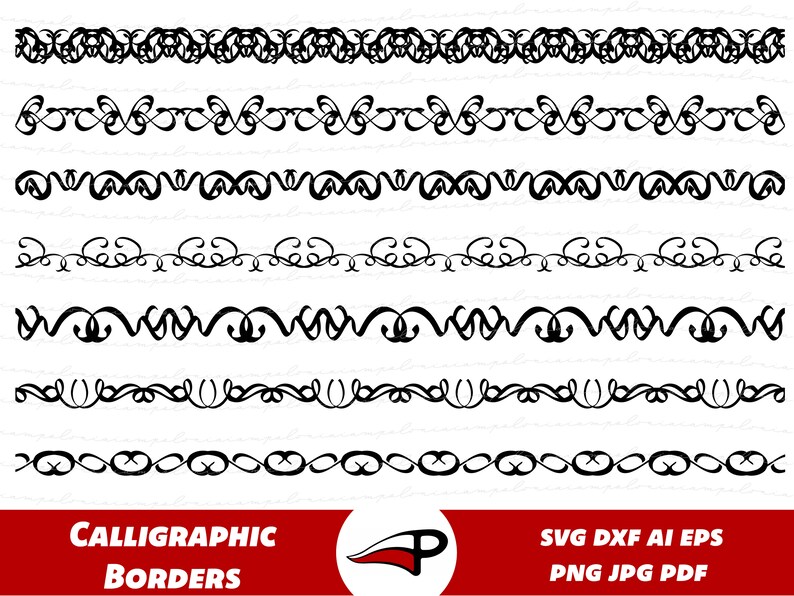 Seamless Calligraphic Borders SVG Bundle, Simple Ribbons Png ...
