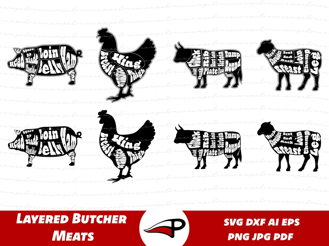 Butcher SVG Bundle, Pork, Beef, Poultry, Mutton PNG Pack, Layered Meat ...