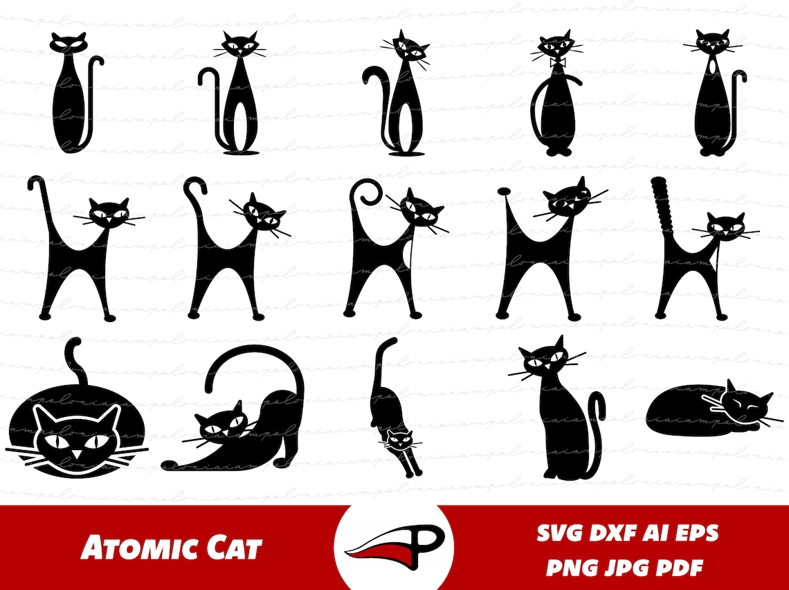 Atomic Cat SVG Bundle, Mid Century Modern Cat PNG Pack, Kitty Kitten ...