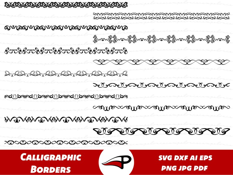 Seamless Calligraphic Borders SVG Bundle, Simple Ribbons Png ...