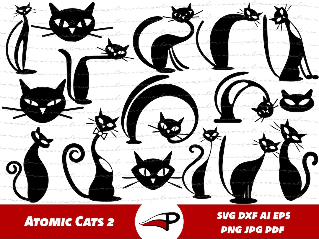 Atomic Cat SVG Bundle, Kitty Kitten Clipart, Mid Century Modern Cat PNG ...