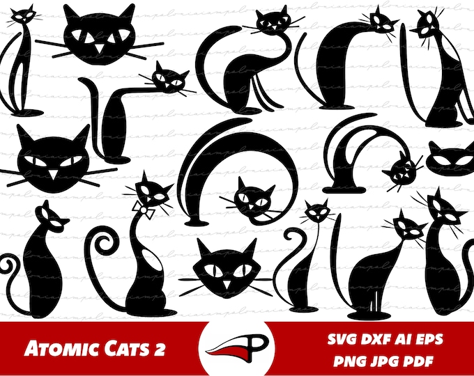 Atomic Cat SVG Bundle, Kitty Kitten Clipart, Mid Century Modern Cat PNG ...