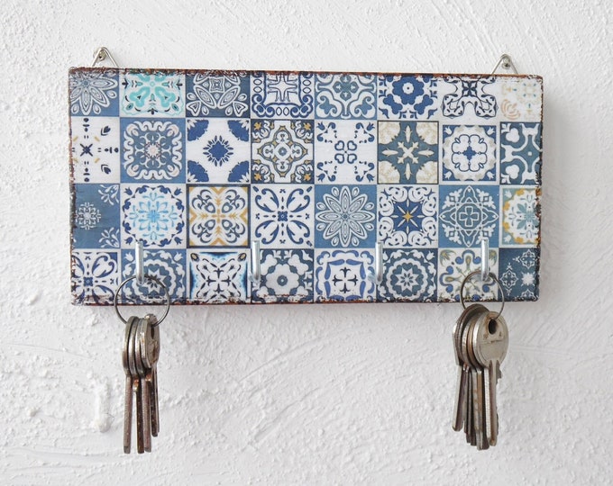 Blue Key Holder for Wall Patchwork Key Holder Patchwork Wood - Etsy