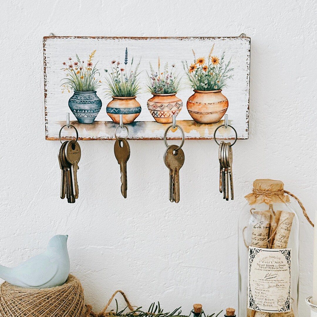 Handmade Wooden Key Holder – Rustic Wall Key Rack With Flower Pots ...