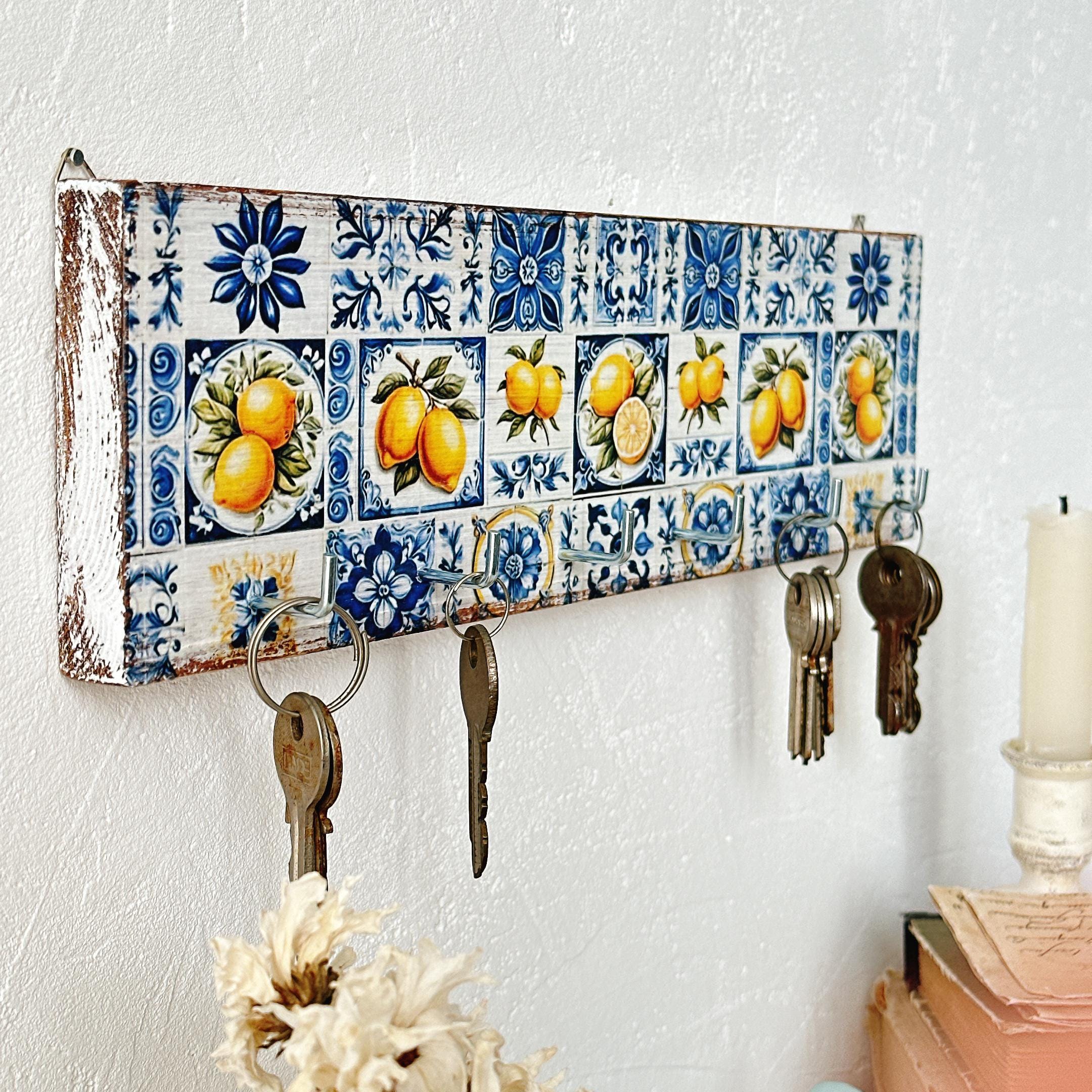 Lemon Key Holder for Wall, 6 Hooks, Rustic Wooden Key Rack With Blue ...