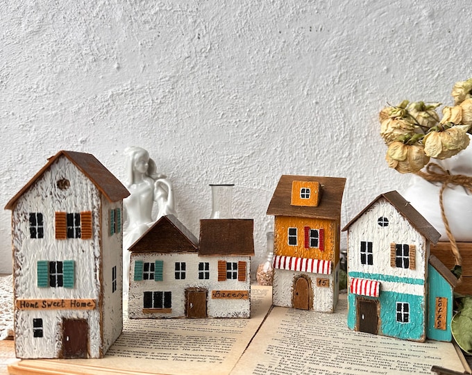 Tiny Wooden Houses, Set of 4 Hand-painted Wooden Miniature Houses ...