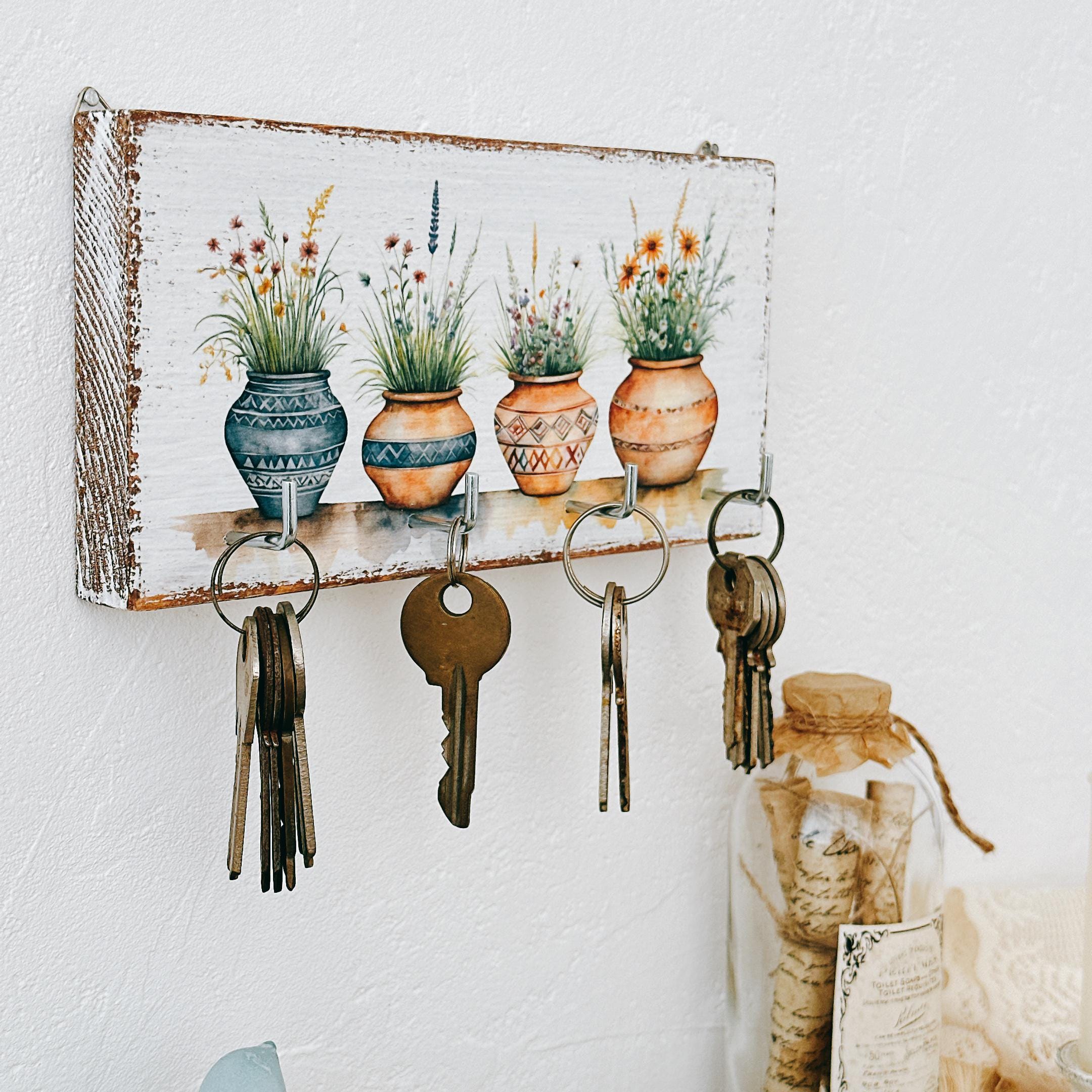 Handmade Wooden Key Holder – Rustic Wall Key Rack With Flower Pots ...