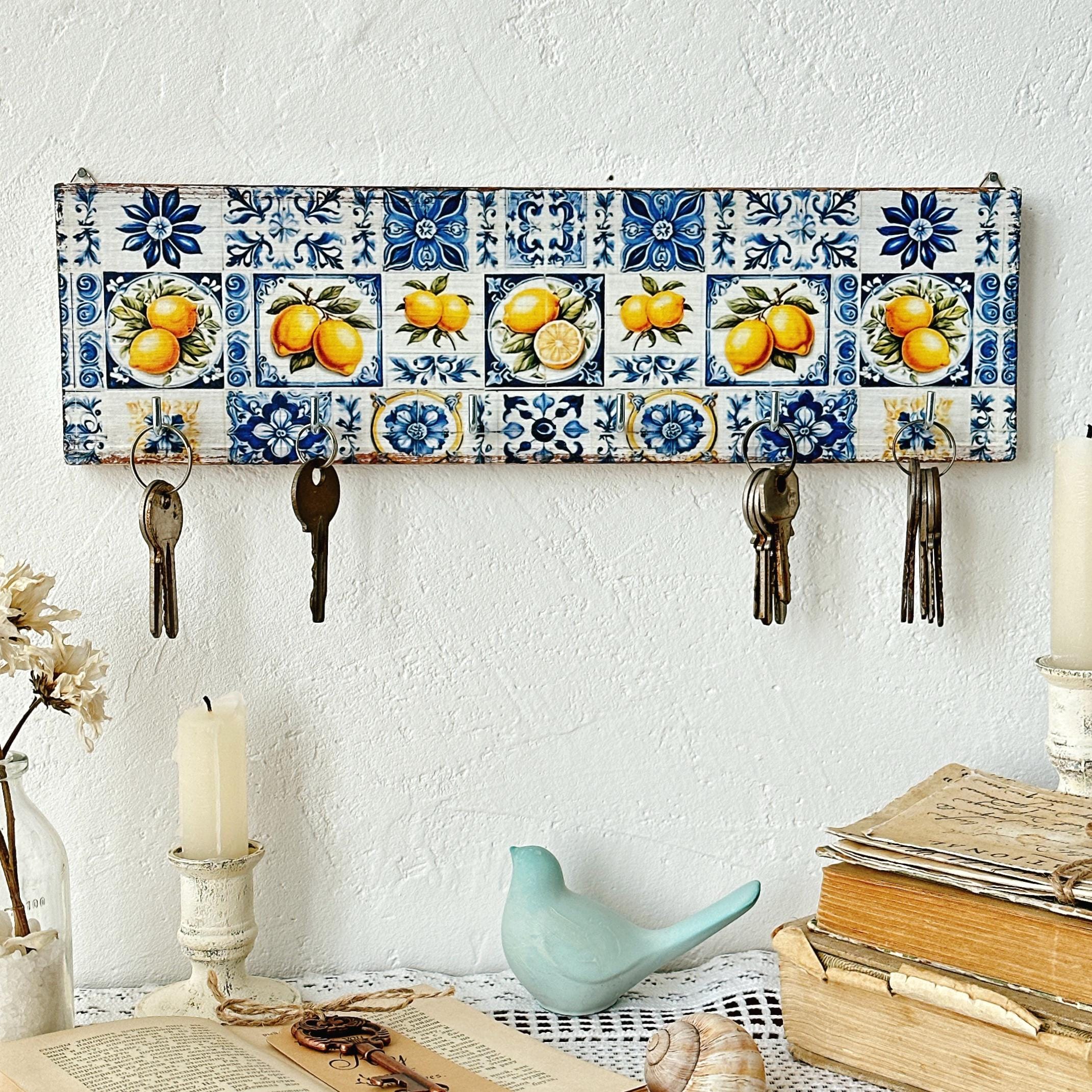 Lemon Key Holder for Wall, 6 Hooks, Rustic Wooden Key Rack With Blue ...