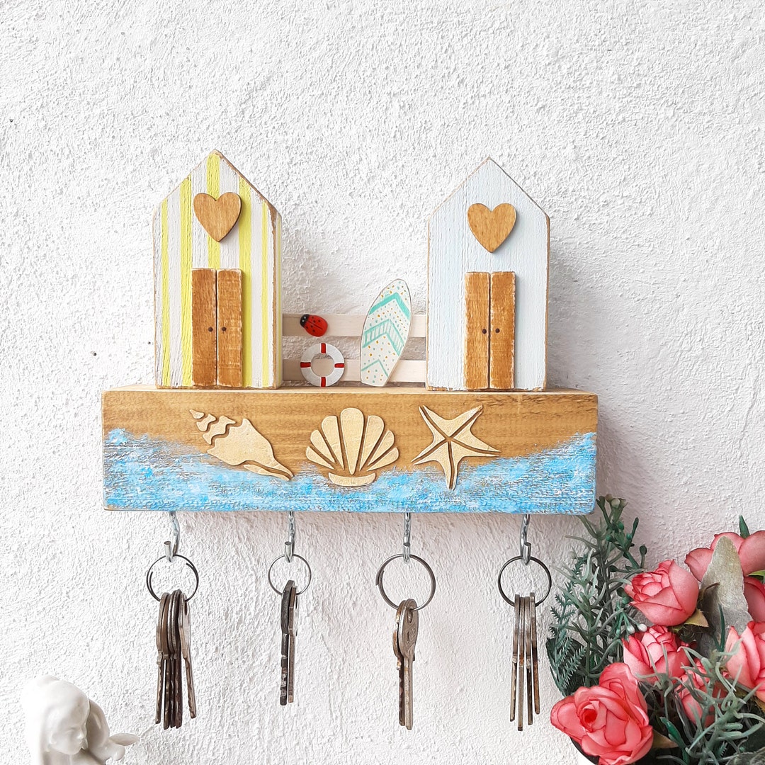 Beach Huts Key Holder, Wooden Beach Huts Ornament, Nautical Key Rack ...