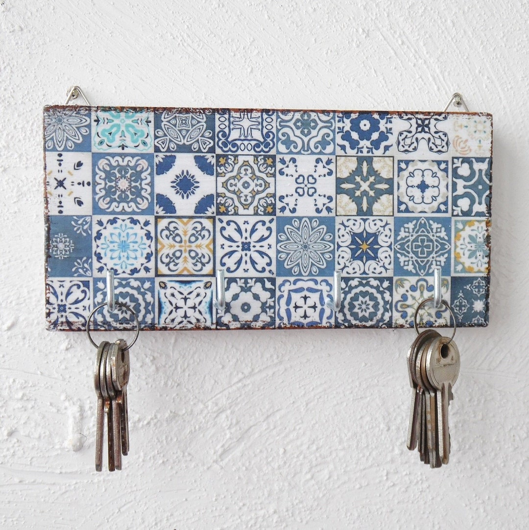 Blue Key Holder for Wall, Patchwork Key Holder, Patchwork Wood Wall ...