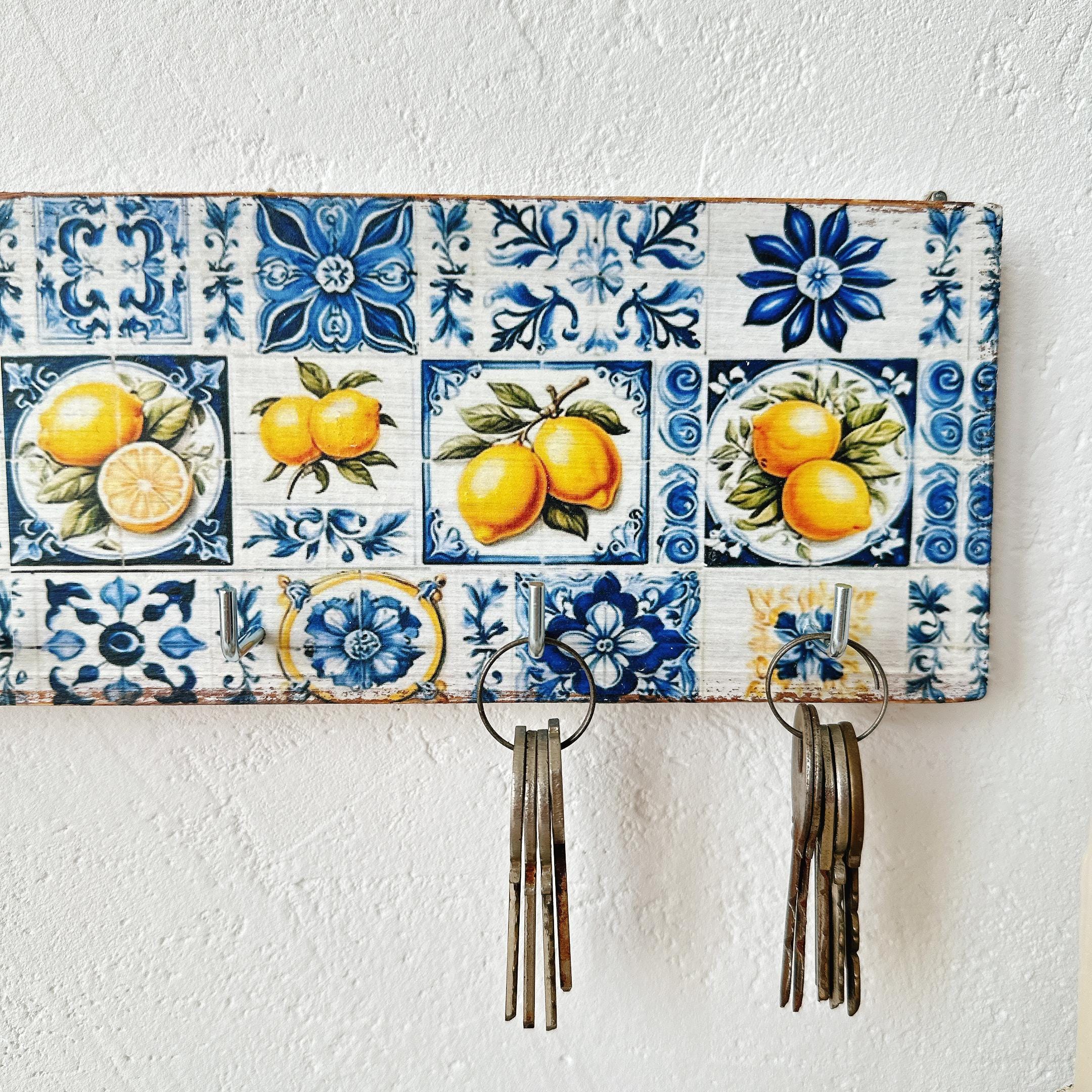 Lemon Key Holder for Wall, 6 Hooks, Rustic Wooden Key Rack With Blue ...