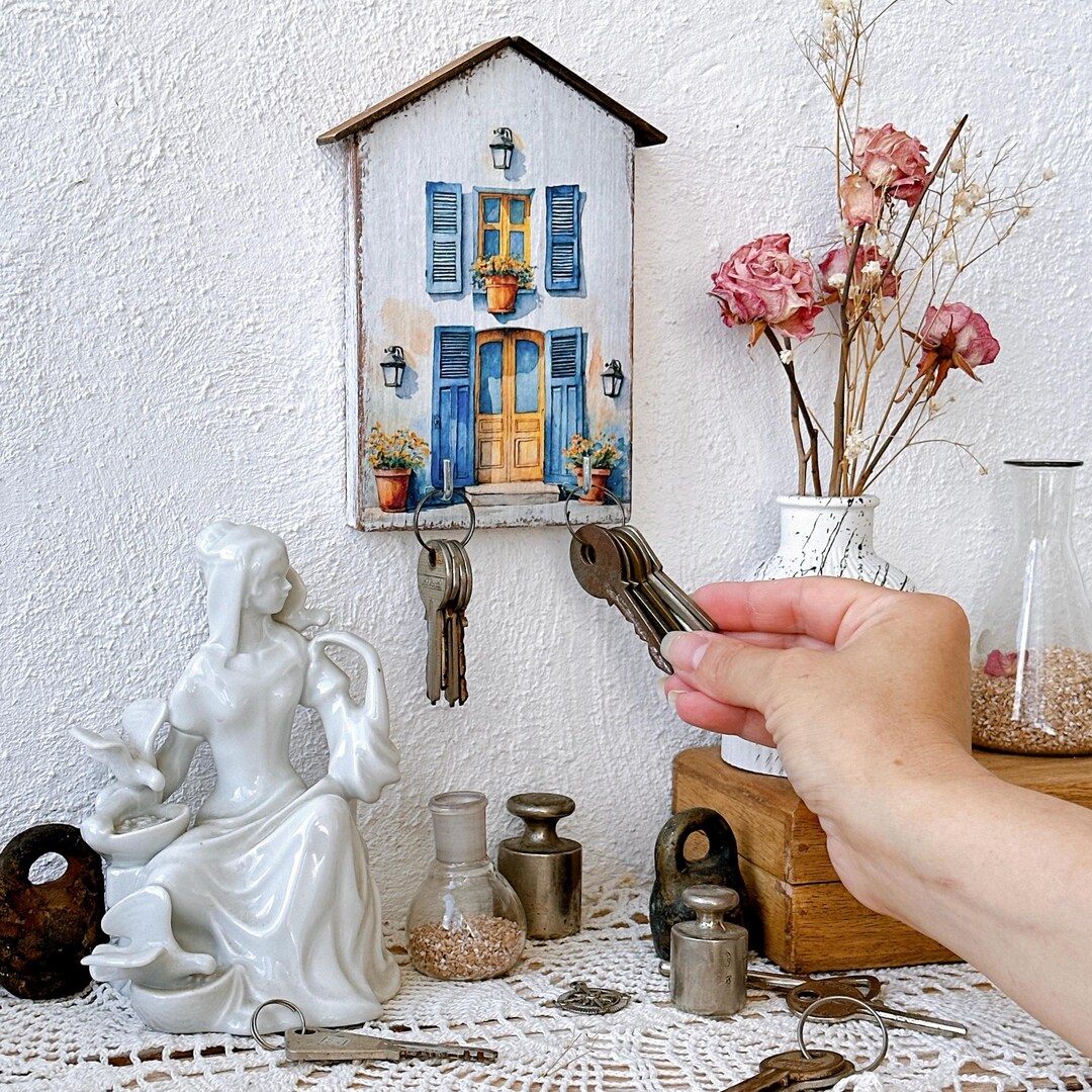 Wooden Key Holder With Blue Shuttered House Design, Small Key Holder ...