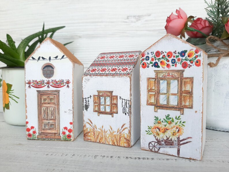 Set of 3 Farmhouse Wood Block Houses - Etsy