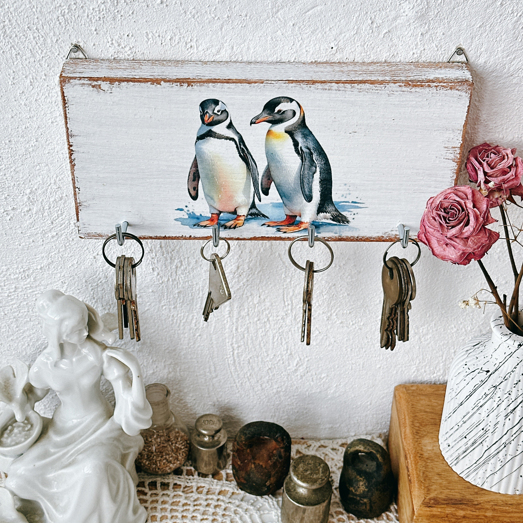 Penguin Key Holder for Wall, Small Key Organizer, Penguin Art, Wood Key ...