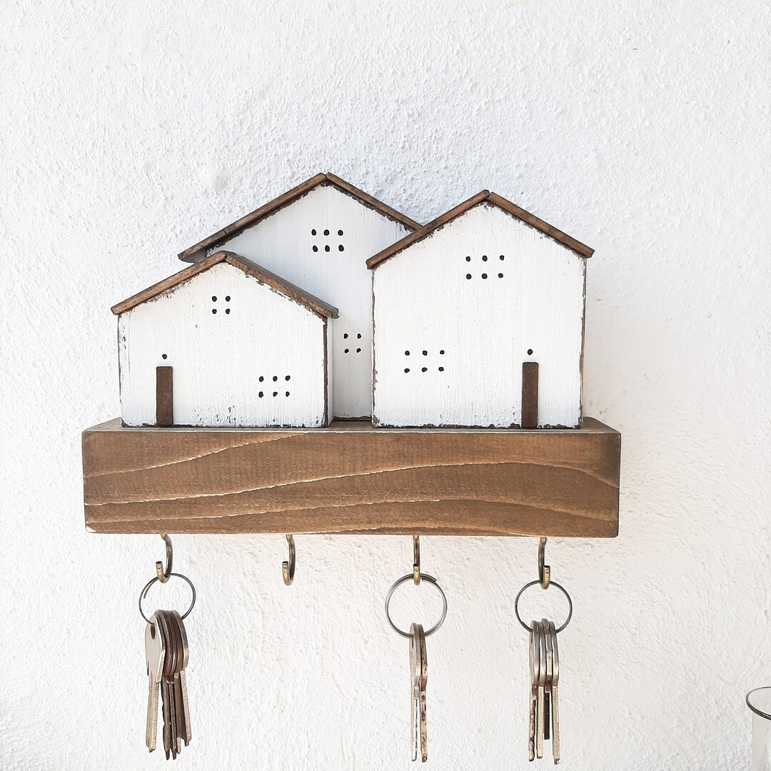 Rustic Key Holder for Wall, Wood Block House, Cottage Miniature Key ...