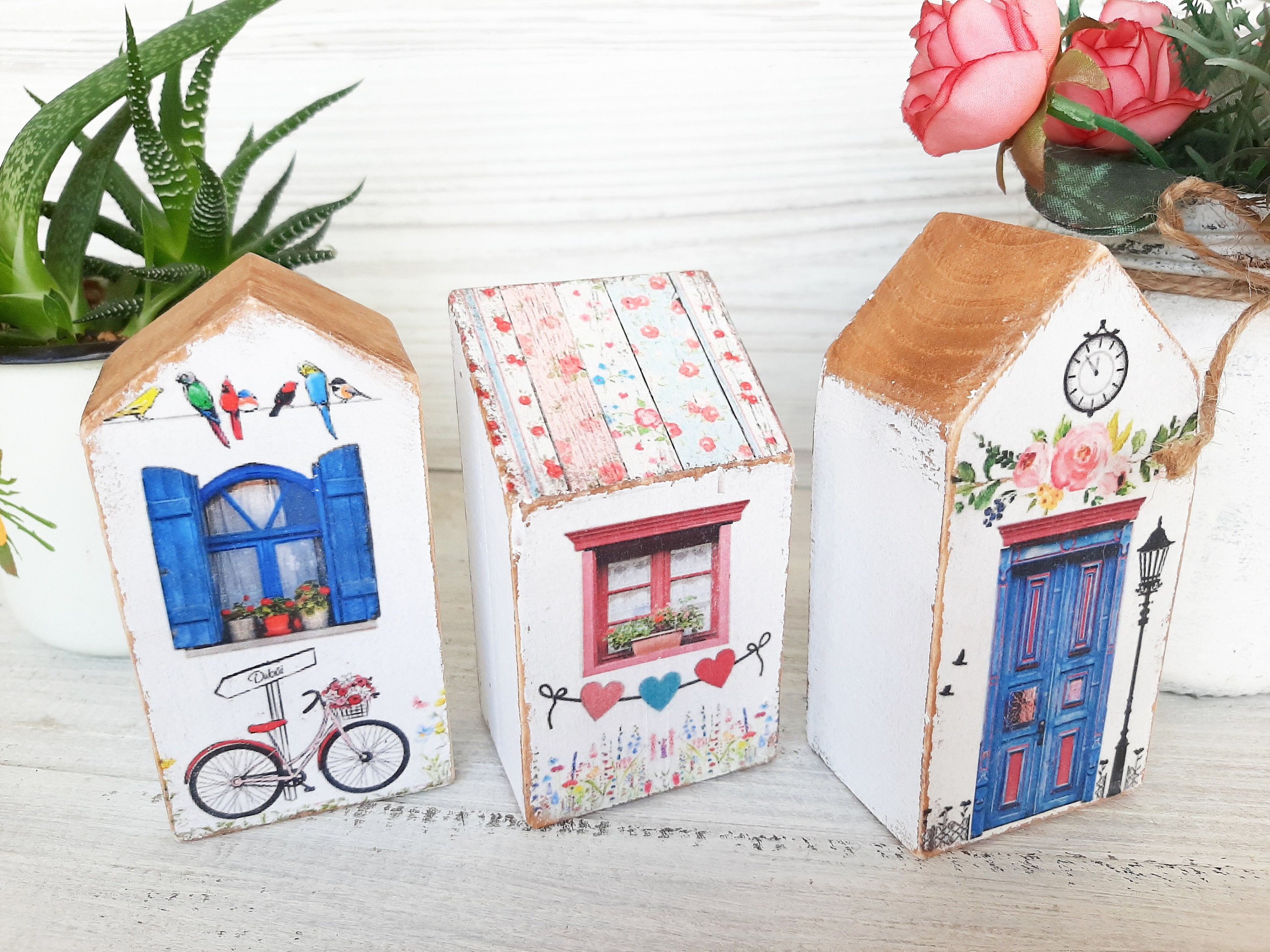 Set of 3 Wood Houses Cottage Miniature Wood Block House - Etsy
