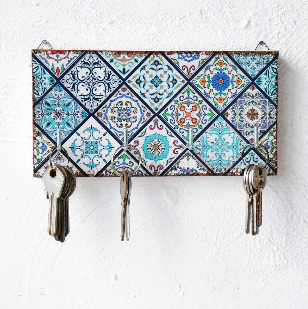 Кey Holder for Wall, Key Holder, Blue Key Rack, Patchwork Wall Decor - Etsy