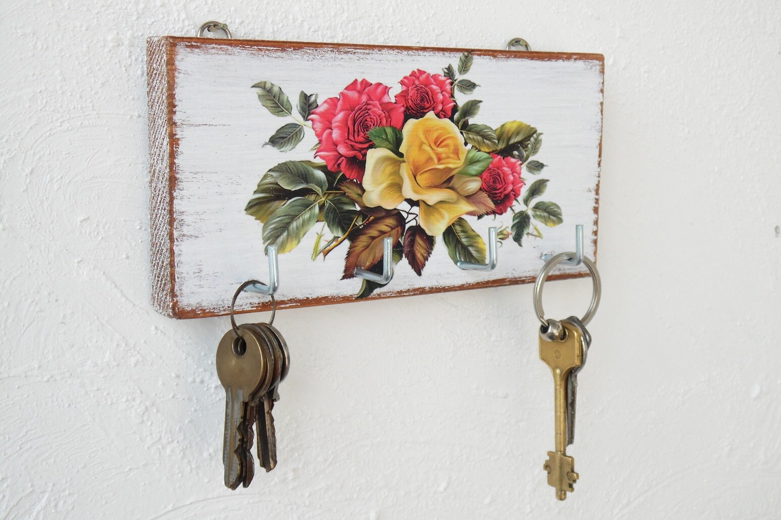 Old Country Roses Key Holder for Wall, English Roses Wall Decor, Wooden ...