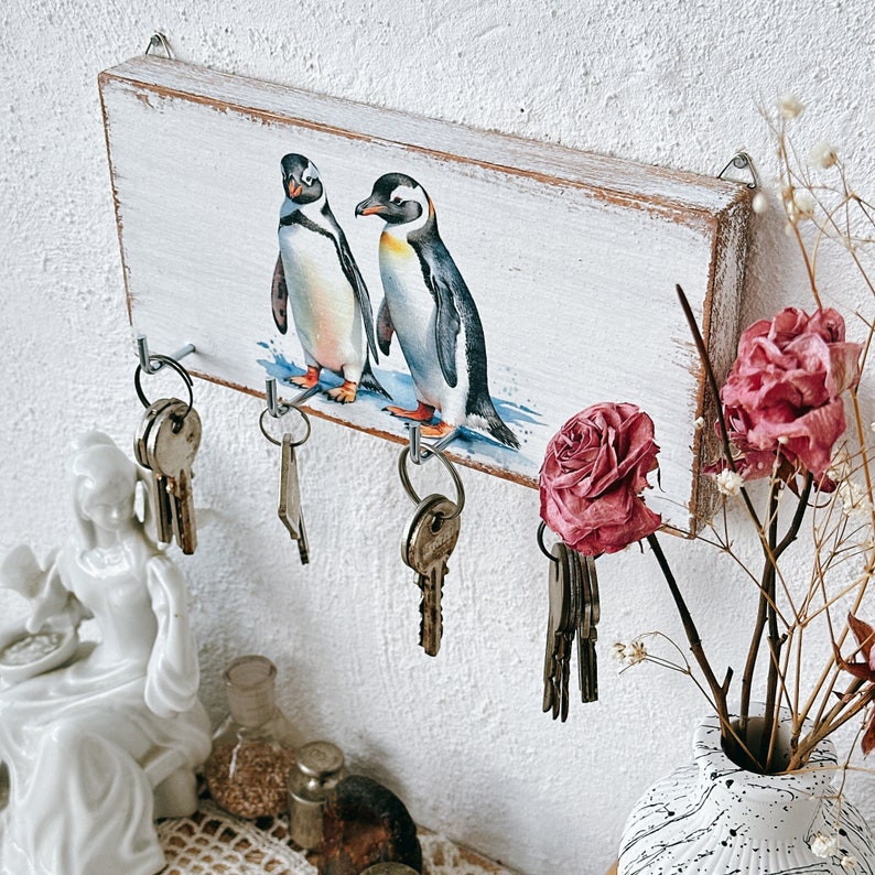Penguin Art Wooden Key Holder, Shabby Chic Wall Organizer - Etsy