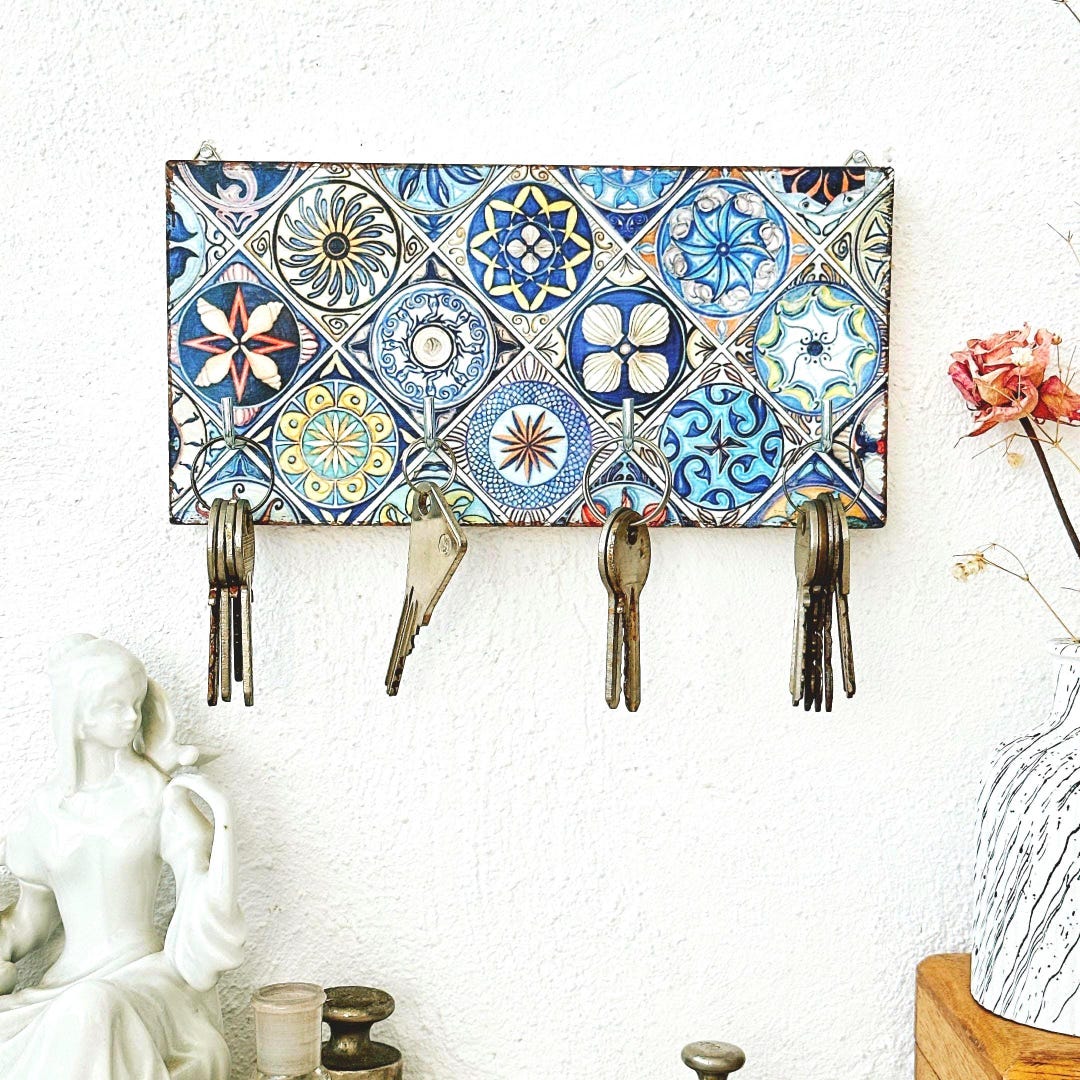Small Key Holder, Blue Key Holder for Wall, Small Patchwork Key Rack - Etsy