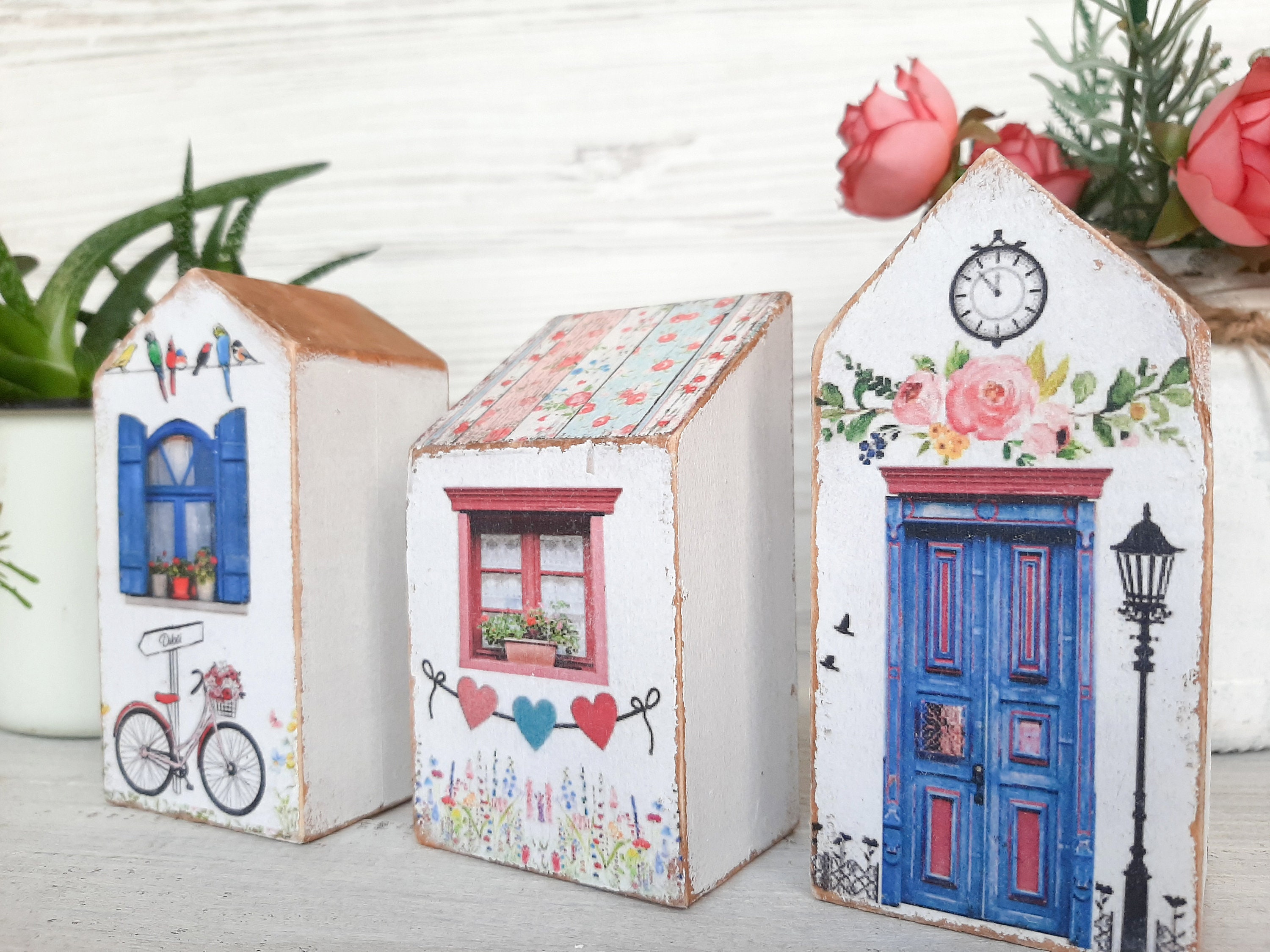 Set of 3 Wood Houses Cottage Miniature Wood Block House - Etsy