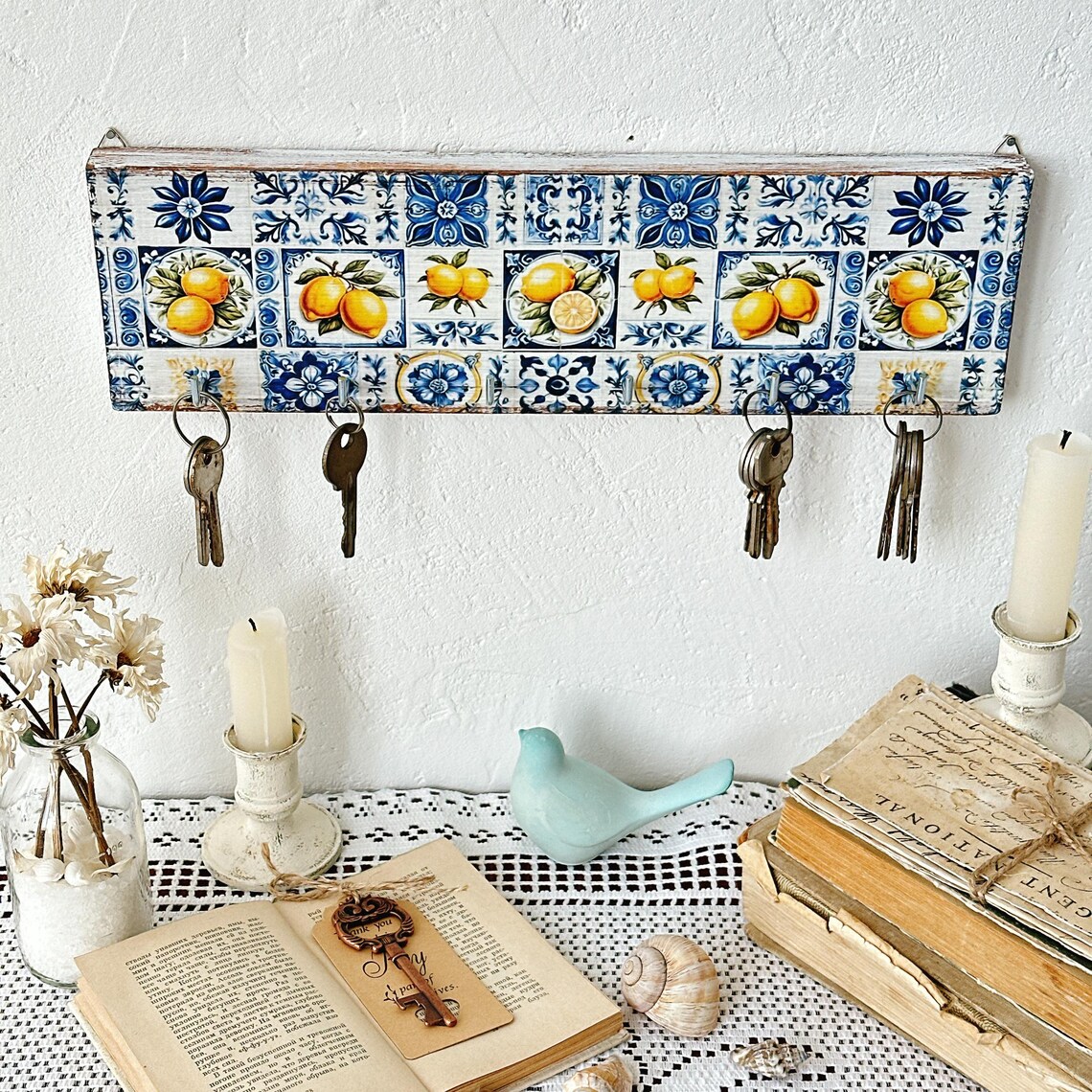 Lemon Key Holder for Wall, 6 Hooks, Rustic Wooden Key Rack With Blue ...