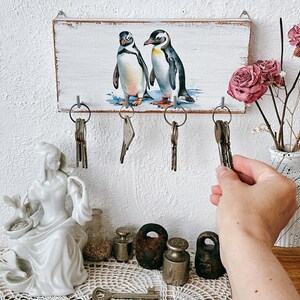 Penguin Key Holder for Wall, Small Key Organizer, Penguin Art, Wood Key ...