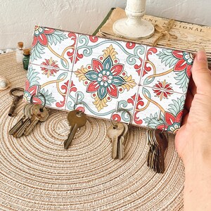 Key Holder for Wall With Colorful Tile Pattern – Wooden Key Rack With ...