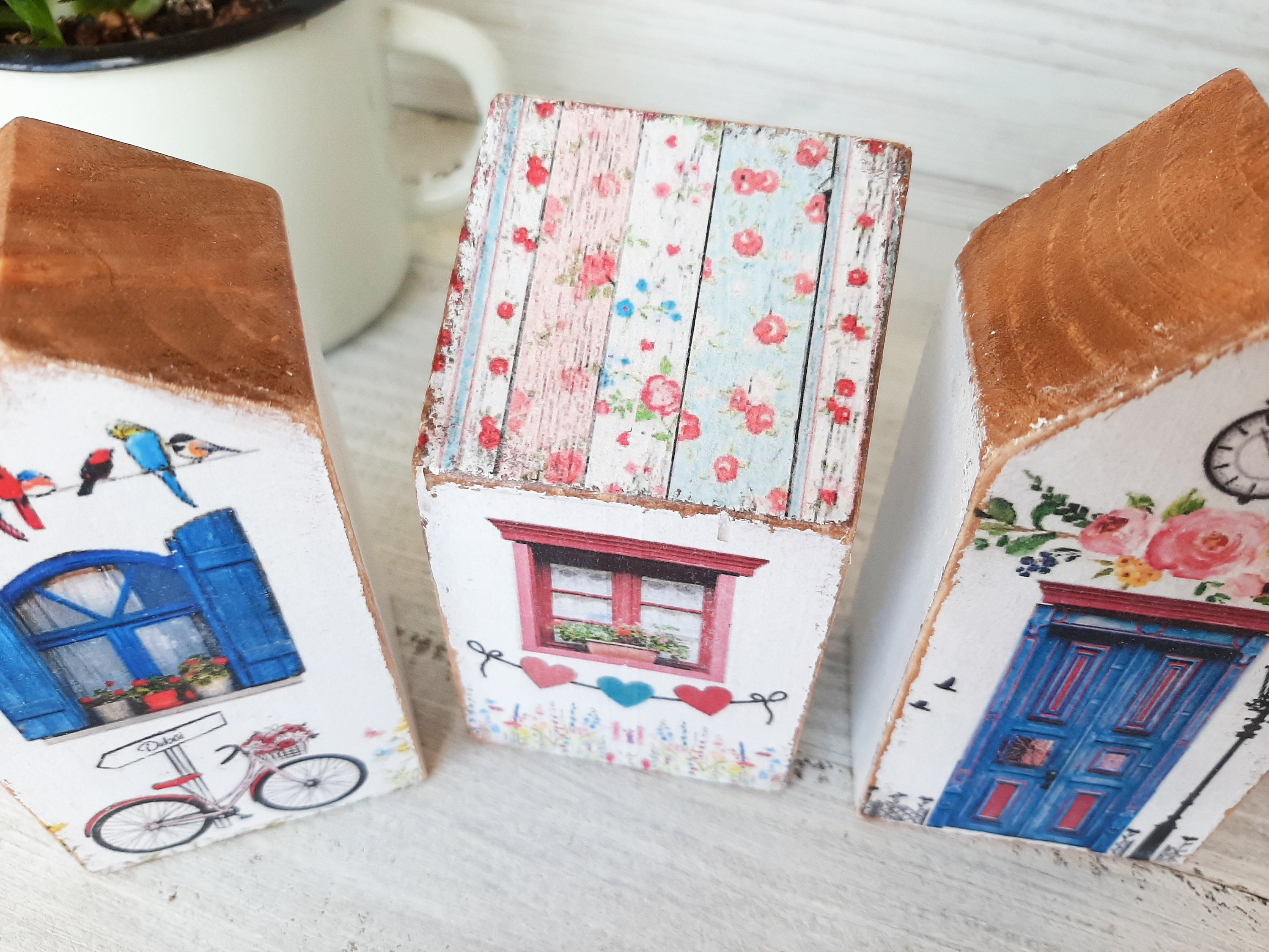 Set of 3 Wood Houses Cottage Miniature Wood Block House - Etsy