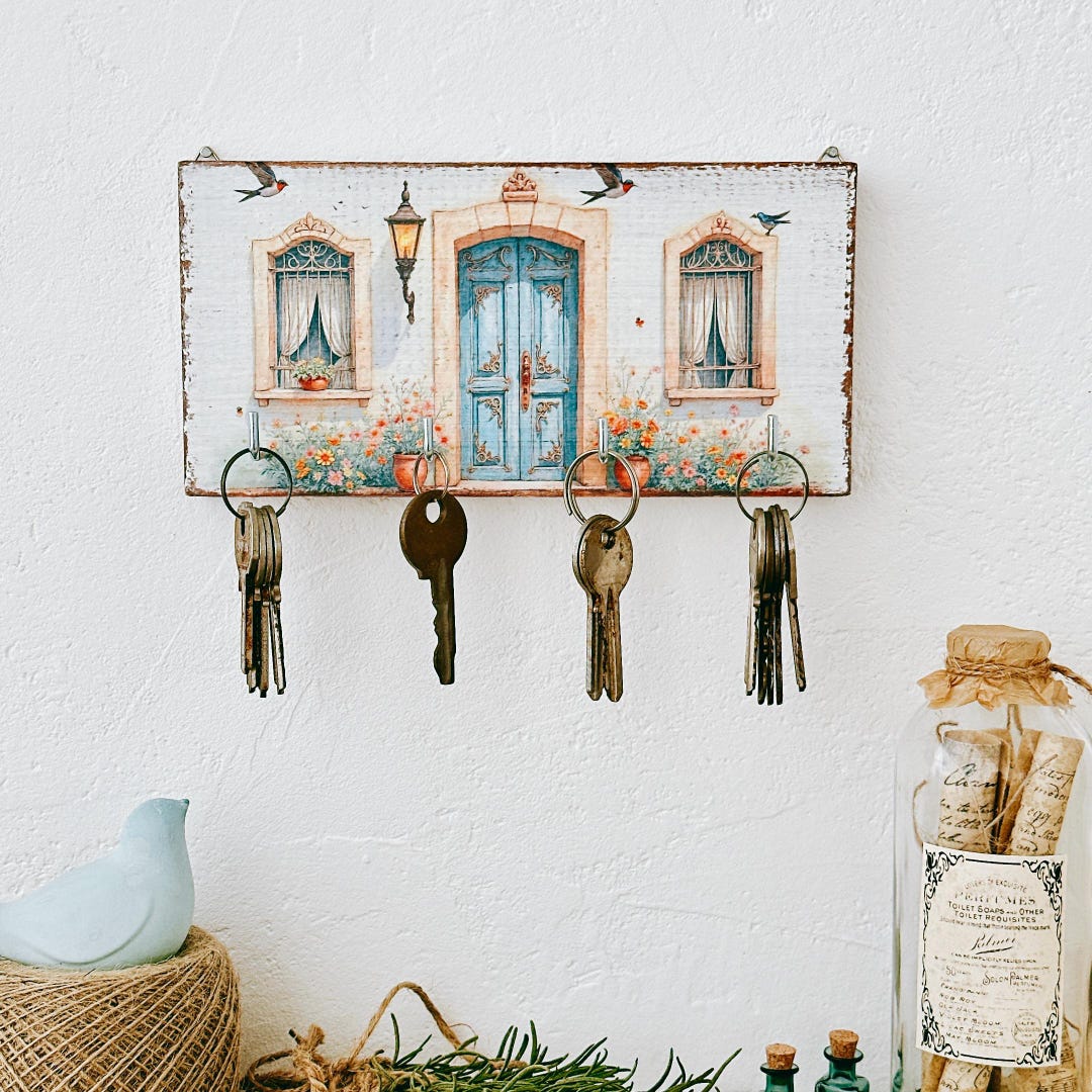 Wall Key Holder With Blue Door, Small Key Rack, Key Organizer With ...