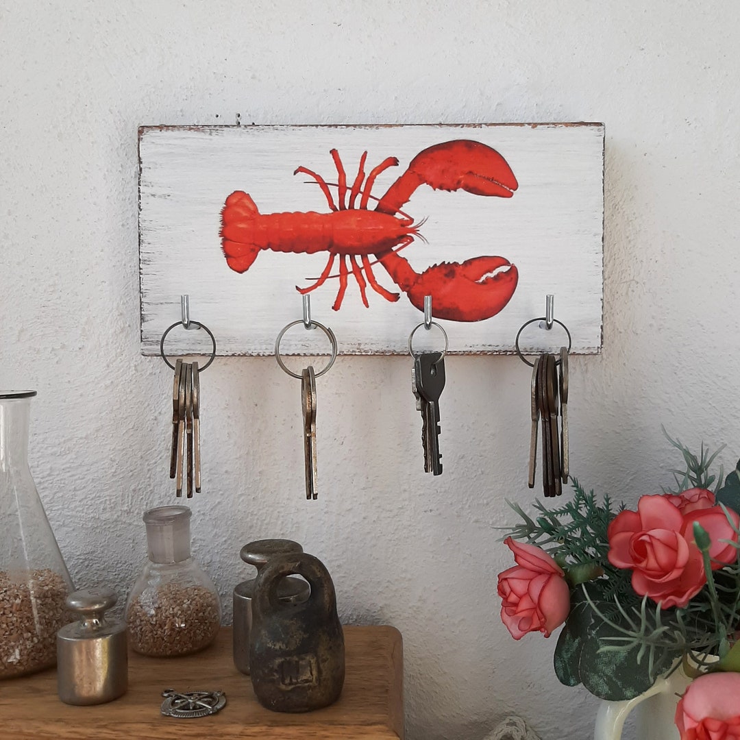 Lobster Key Holder for Wall, Nautical Key Rack, Wood Key Hook, Coastal ...