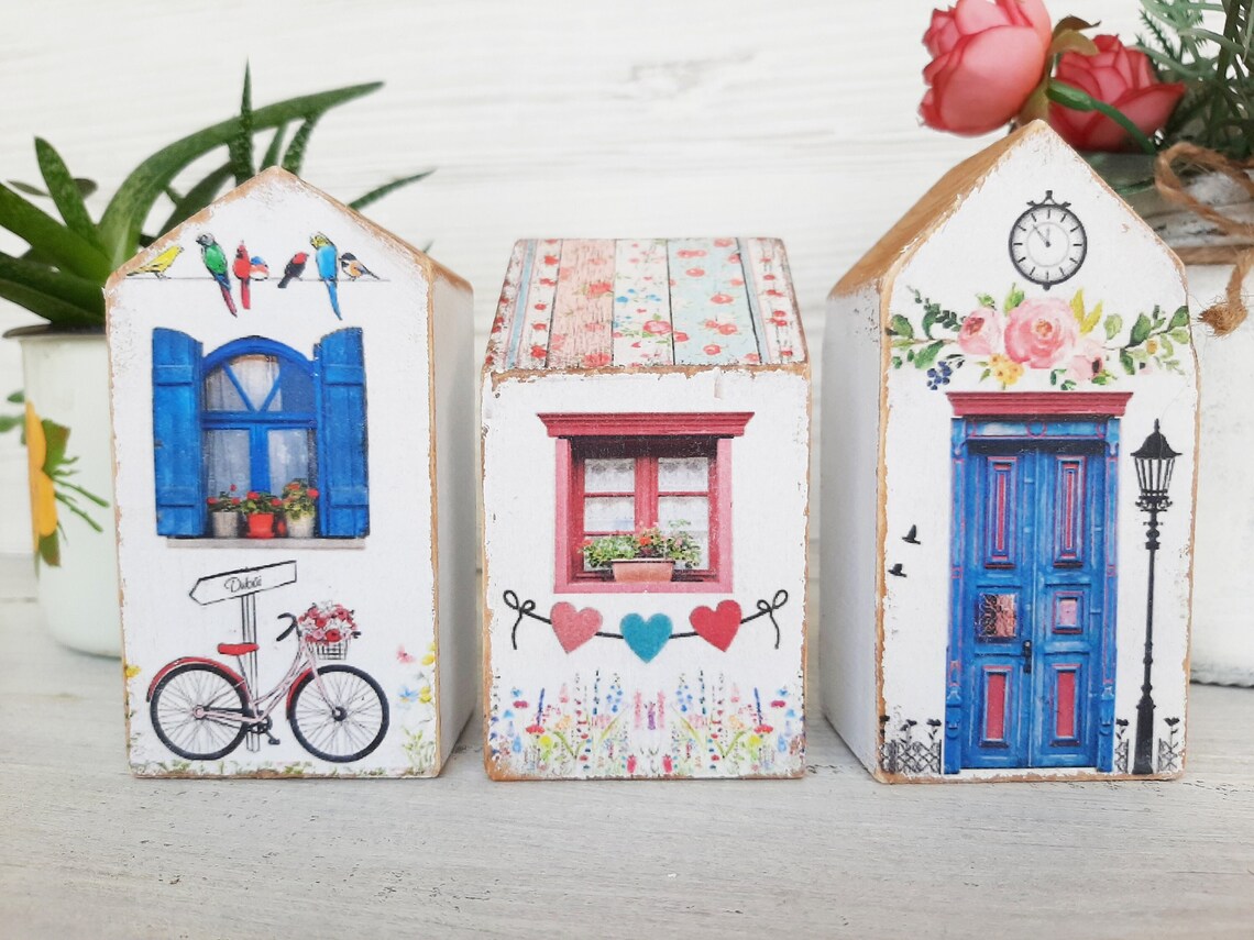 Set of 3 Wood Houses Cottage Miniature Wood Block House - Etsy