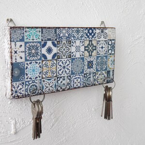 Blue Key Holder for Wall, Patchwork Key Holder, Patchwork Wood Wall ...