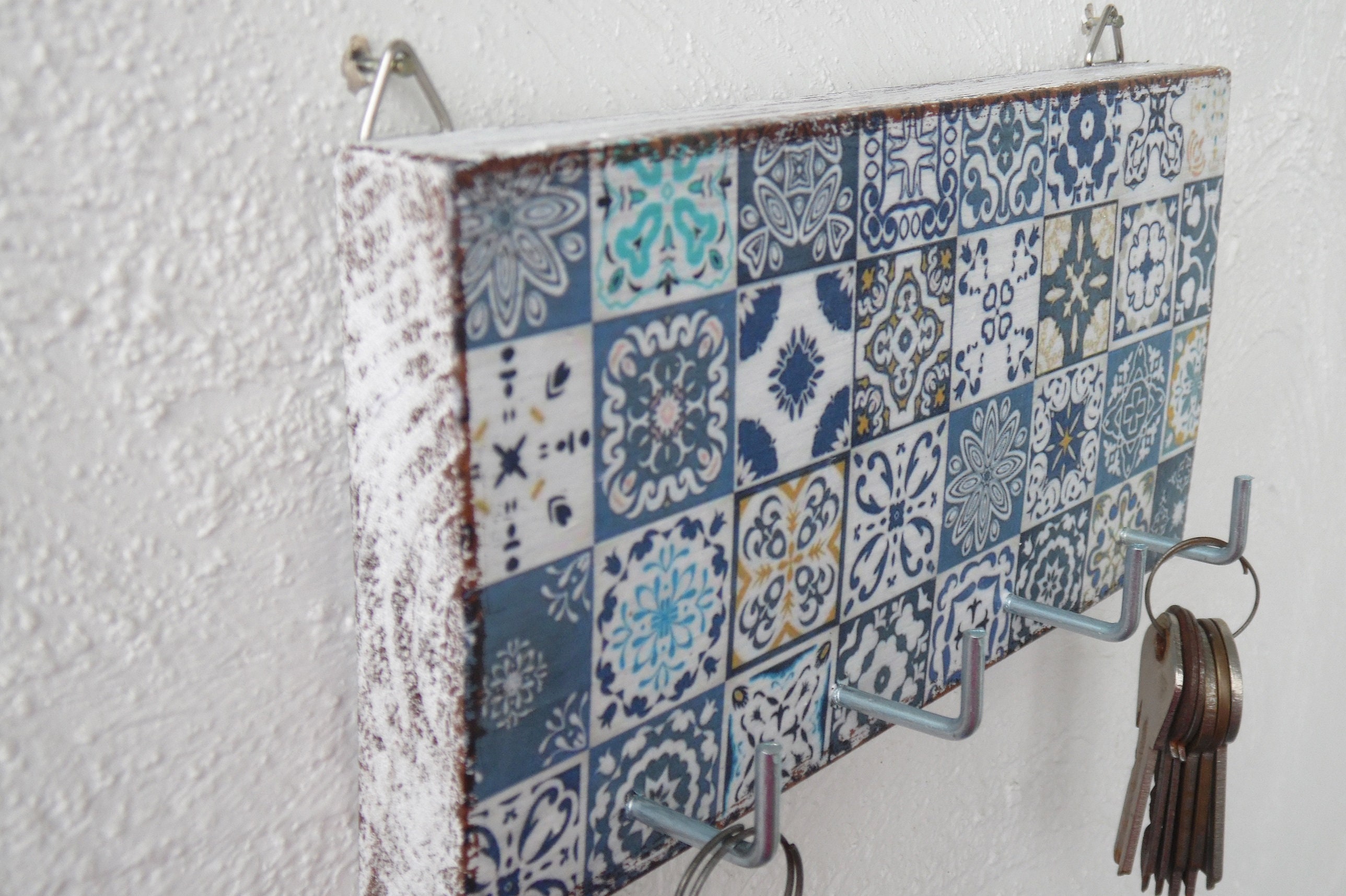 Blue Key Holder for Wall Patchwork Key Holder Patchwork Wood - Etsy