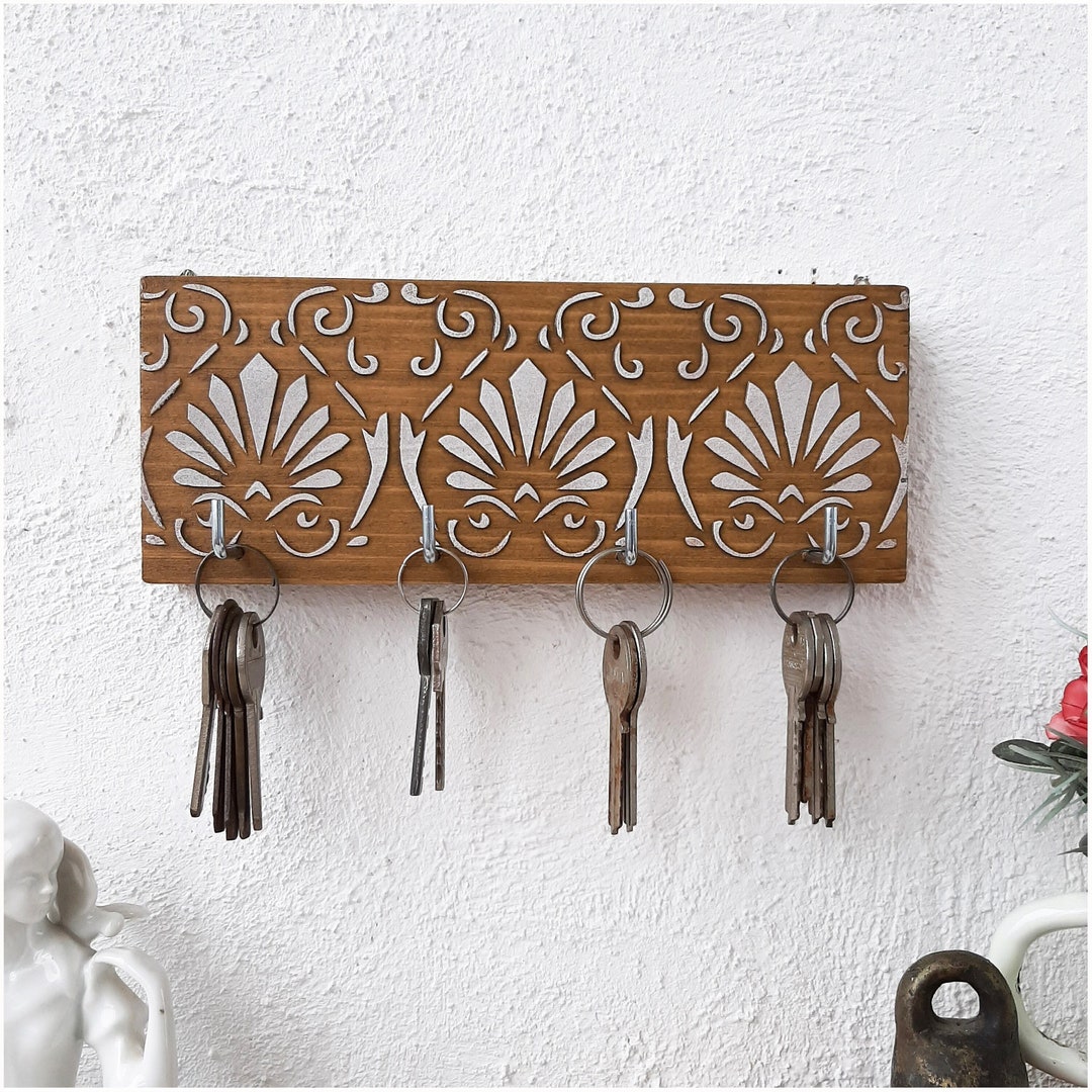 Dark Wood Key Holder Wall With White Pattern, Rustic Key Hook, Modern ...