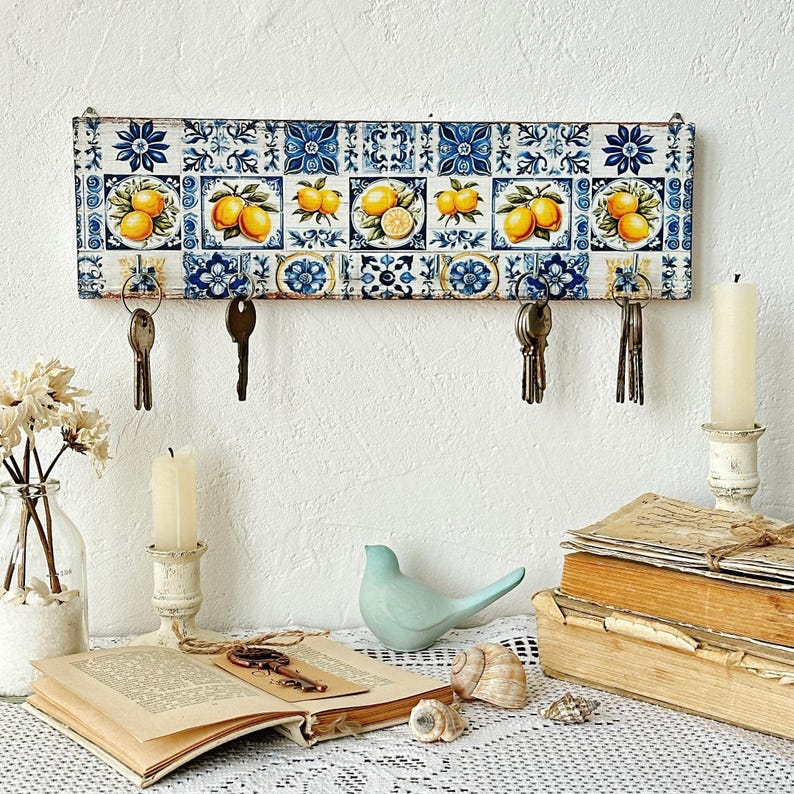 Lemon Key Holder for Wall, 6 Hooks, Rustic Wooden Key Rack With Blue ...