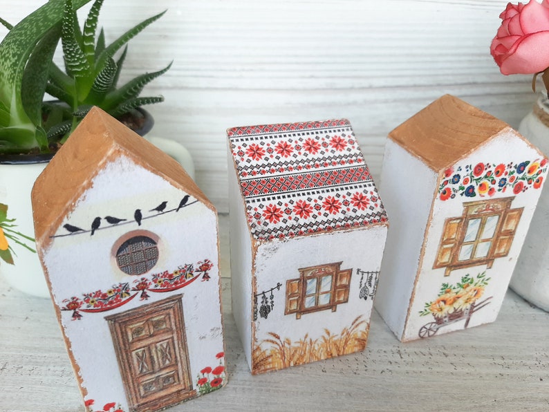 Set of 3 Farmhouse Wood Block Houses - Etsy