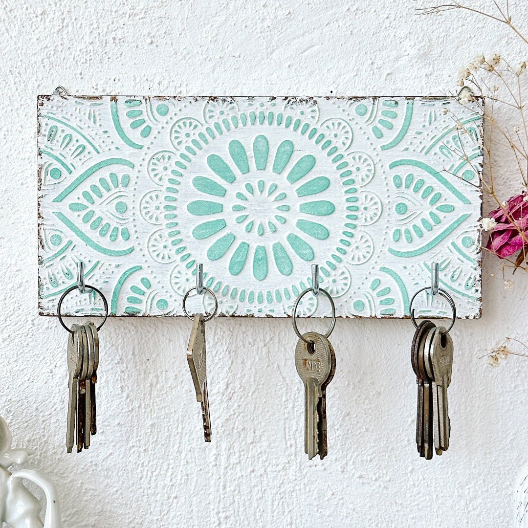 Key Holder With Mint Green Stencil Design, Vintage Style Key Rack, Key ...