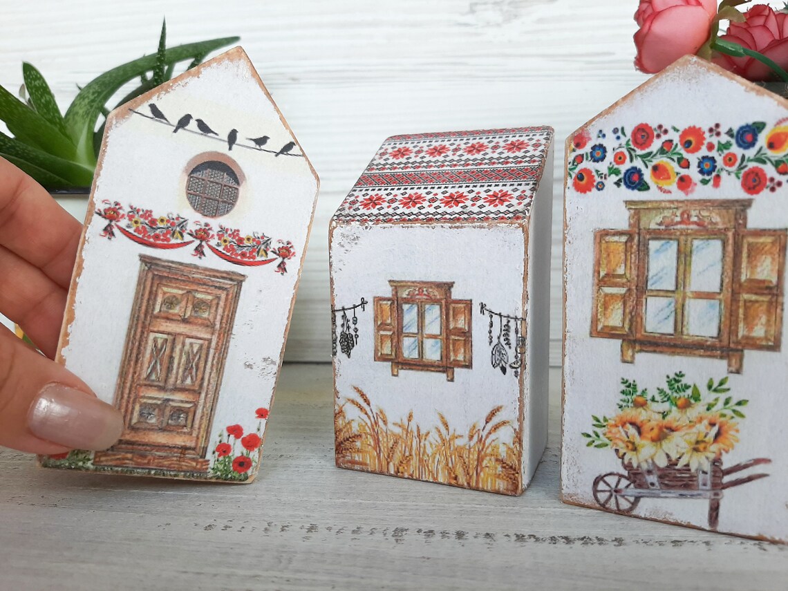 Set of 3 Farmhouse Wood Block Houses - Etsy