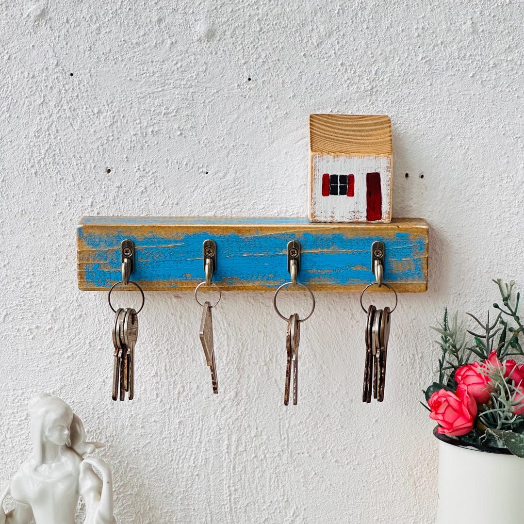 Wooden Key Holder With Rustic House Design, Key Holder for Wall ...