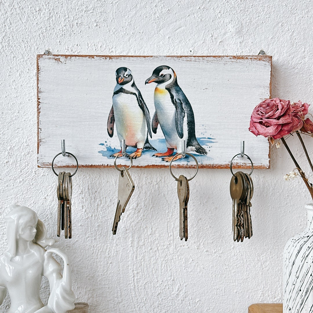 Penguin Key Holder for Wall, Small Key Organizer, Penguin Art, Wood Key ...