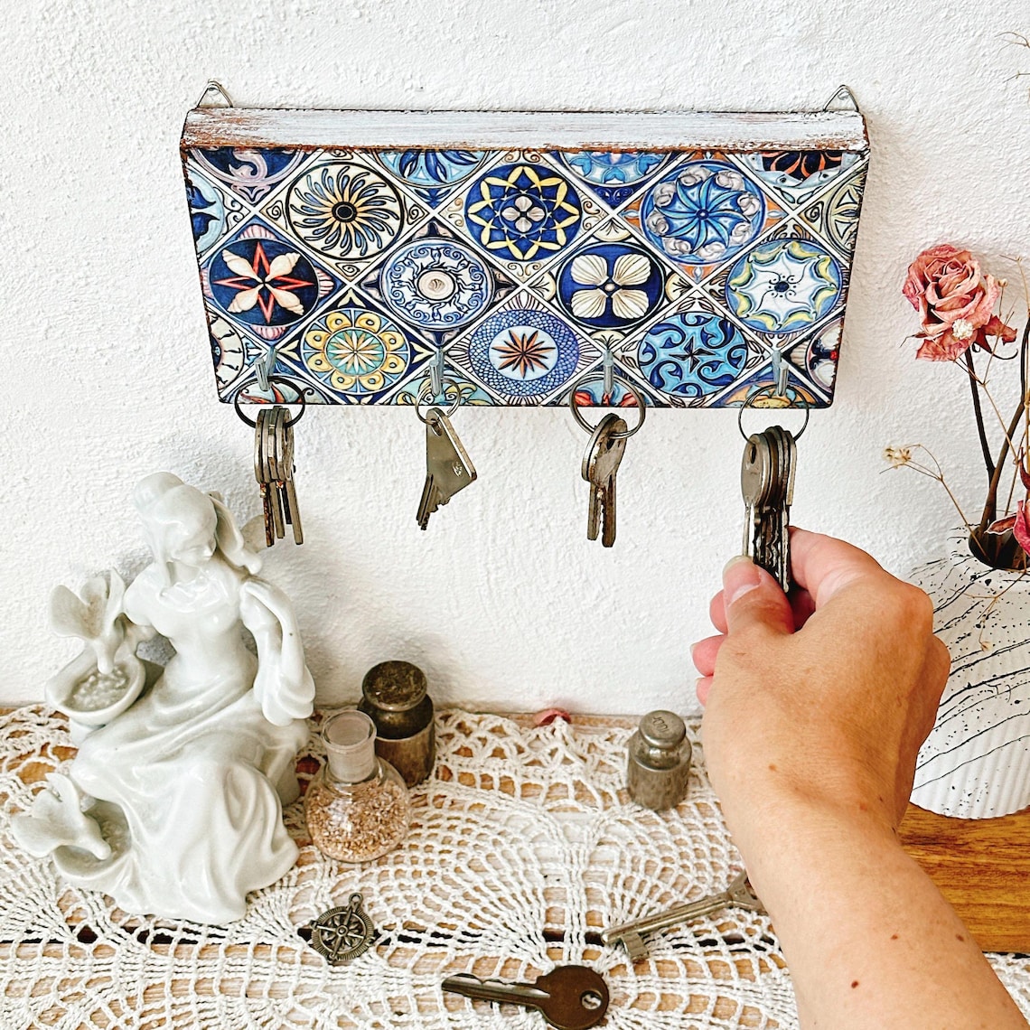 Small Key Holder, Blue Key Holder for Wall, Small Patchwork Key Rack - Etsy