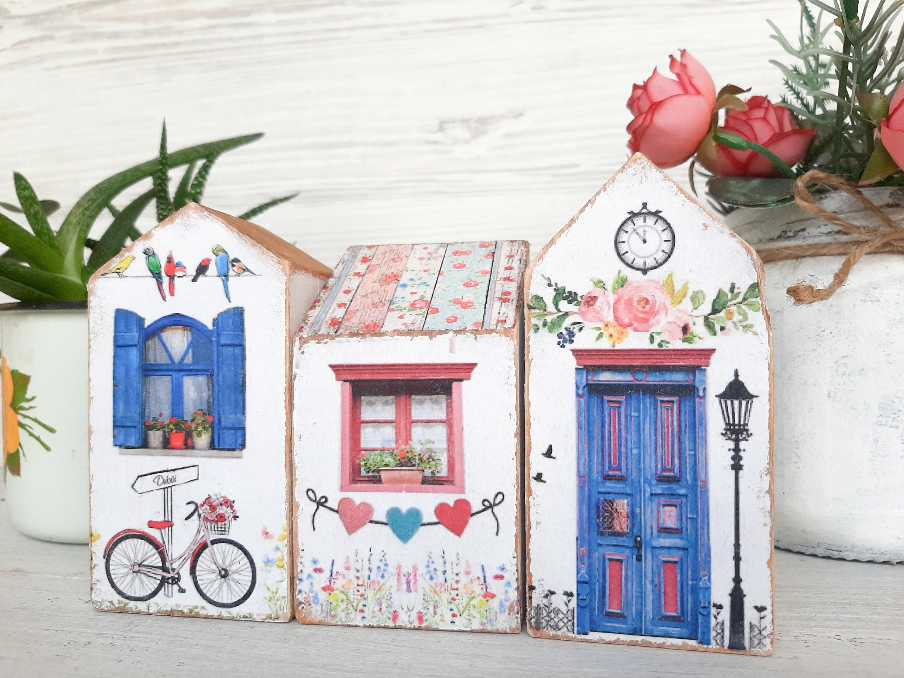 Set of 3 Wood Houses Cottage Miniature Wood Block House - Etsy