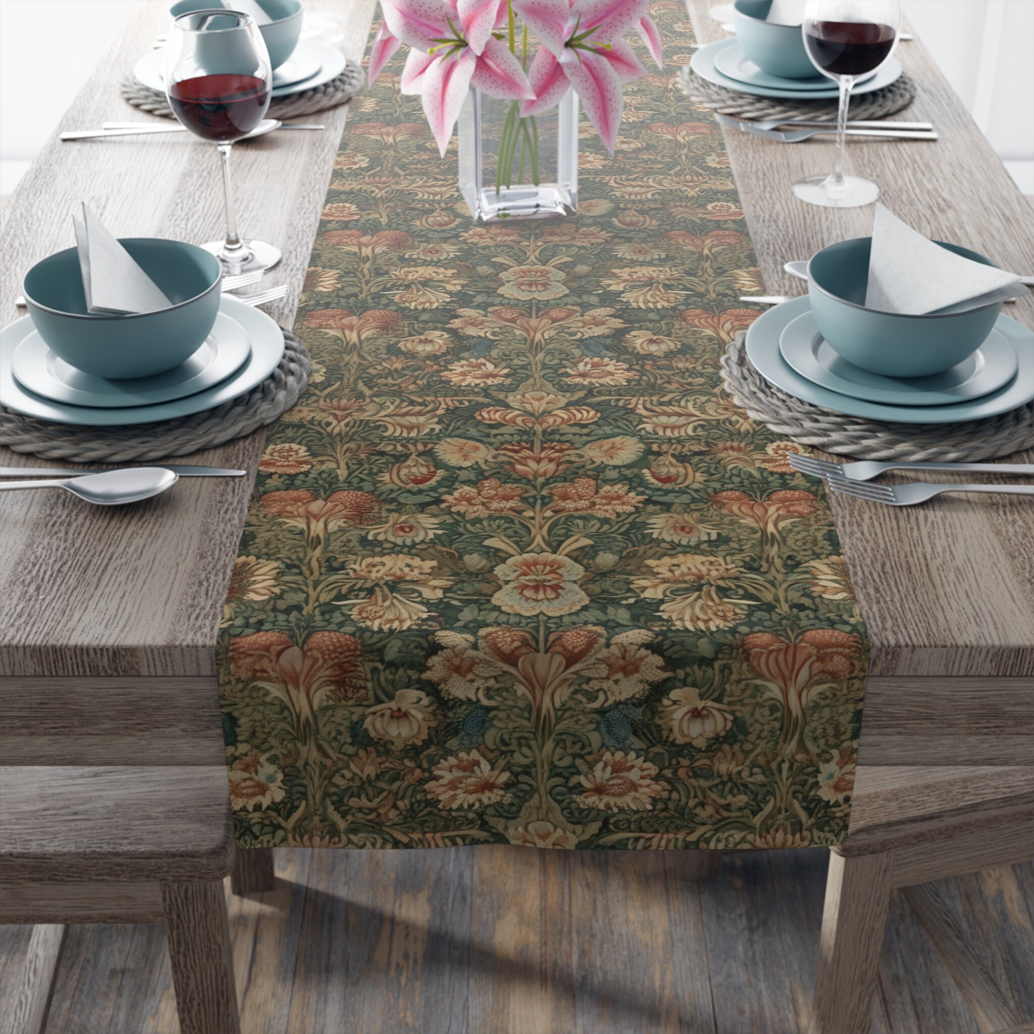 William Morris Tapestry Floral Style, Green Earthy Colors Design Table Runner cotton, Poly - Etsy
