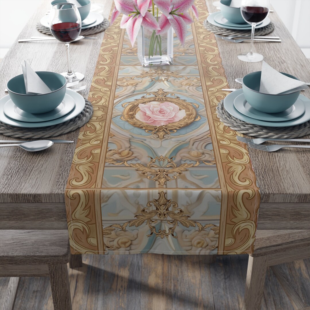 French Provençal Rococo Design Table Runner Baroque With Pink Roses ...