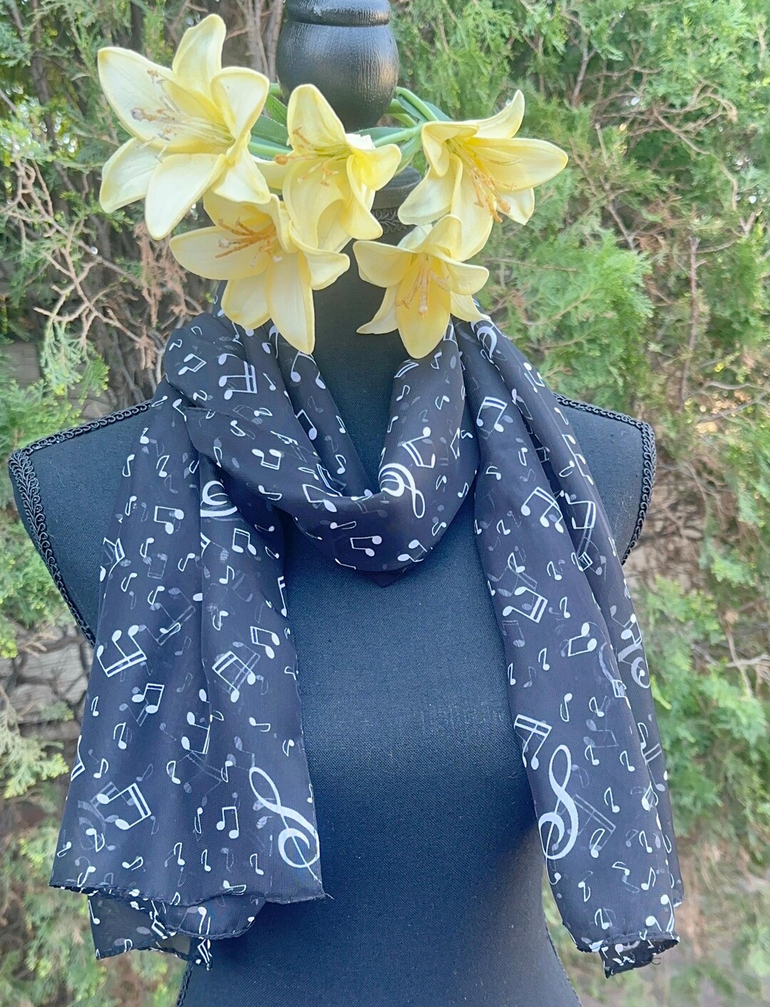 Black Chiffon Music Note Scarf, Black and White, Music Lover, Symphony ...