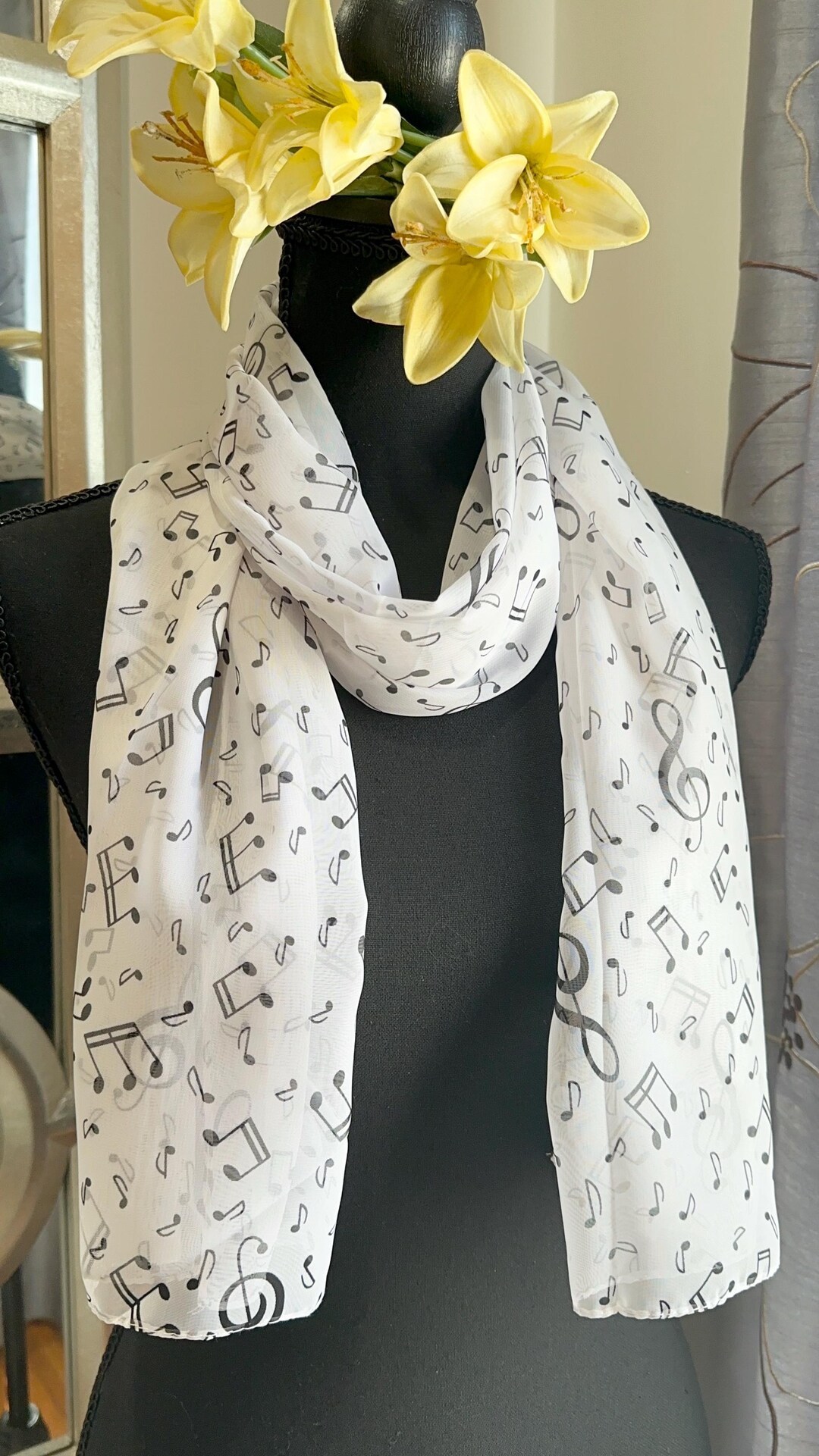 White Chiffon Fabric Musical Note Scarf, Black and White, Music Lover ...